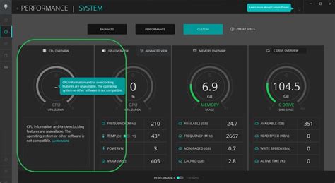 Alienware Command Center Application Performance Section Shows Empty Processor And Memory Gauge