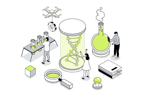 과학 실험실 웹용 아웃라인 아이소메트리 디자인의 3d 아이소메트릭 개념 유리에서 Dna 분자를 연구하고 플라스크에서 유전자 검사와 임상 실험을 하는 사람들 벡터 일러스트