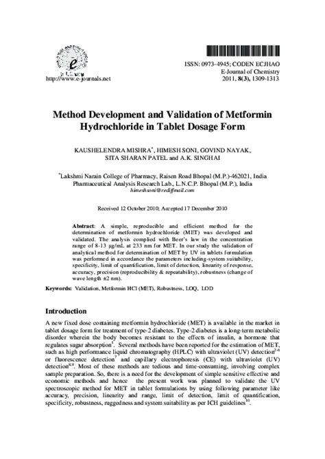 Pdf Method Development And Validation Of Metformin Hydrochloride In Tablet Dosage Form