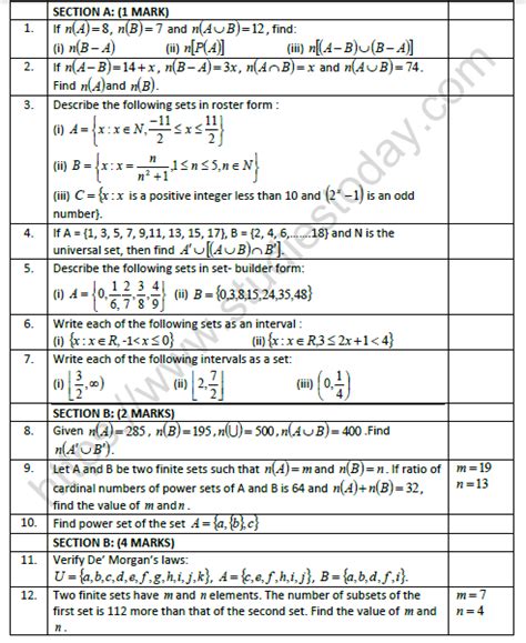 Cbse Class 11 Mathematics Sets Worksheet Set C Worksheets Library