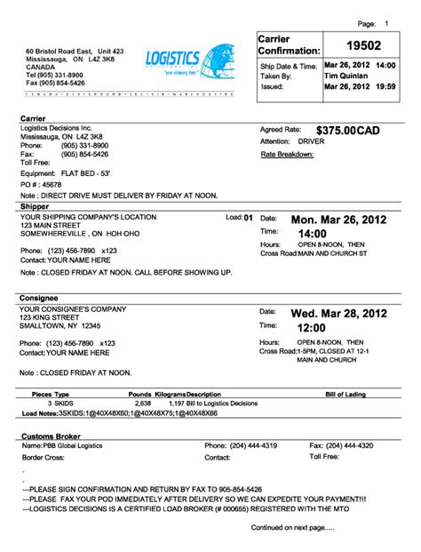 Carrier Rate Confirmation Template