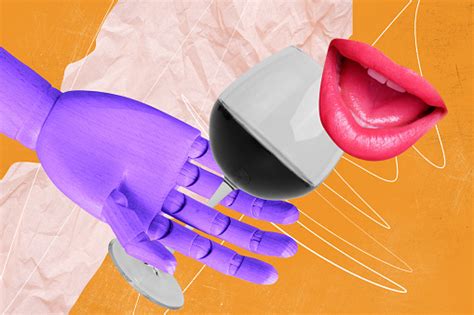 콜라주 이미지 그림 의 나무 팔 홀드 와인 잔 맛있는 음료 절연 통하고 있는 창조적 인 그리기 배경 로봇에 대한 스톡 사진 및 기타 이미지 Istock