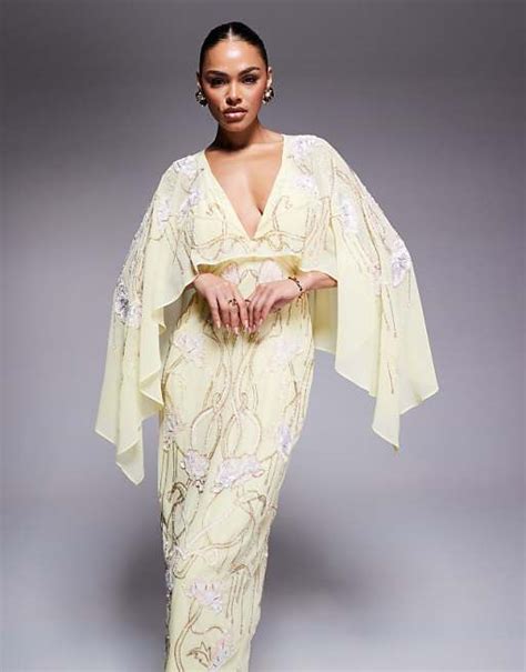 Asos Design Cape Midi Dress With Floral Embellishment In Pale Yellow Asos