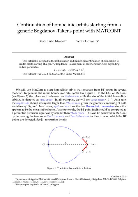 Pdf Continuation Of Homoclinic Orbits Starting From A Generic Bogdanov Takens Point With Matcont