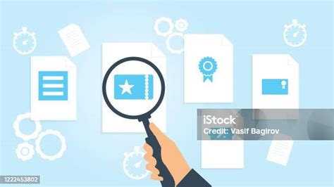 검색 아이콘으로 문서작성합니다 파일 및 돋보기 분석 연구 기호입니다 벡터 일러스트 라이센스 씰 파일 문서 연구 벡터 일러스트 개념에 대한 스톡 벡터 아트 및 기타 이미지