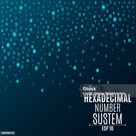 16 진수 숫자 시스템입니다 추상 현대 배경입니다 빛나는 숫자와 문자는 파란색입니다 스파스 기호입니다 하이테크 하 고 프로그래밍 벡터 일러스트입니다 Eps 10 0에 대한