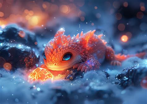 A Cute Glowing Dragonling Rests On Rocky Terrain Clutching Luminous Gem