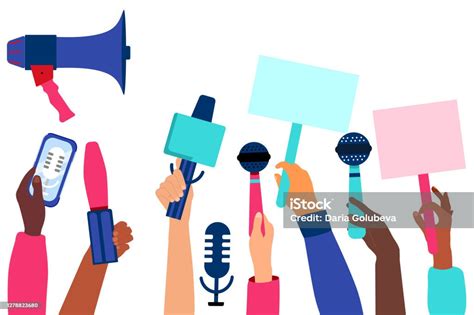 마이크와 레코더와 손 인터뷰를 복용 보도 자료 개념 뉴스 속보 와 홍보 비즈니스를 위한 디지털 마케팅 저널리즘 과 방송 보도 자료에 대한 스톡 벡터 아트 및 기타 이미지