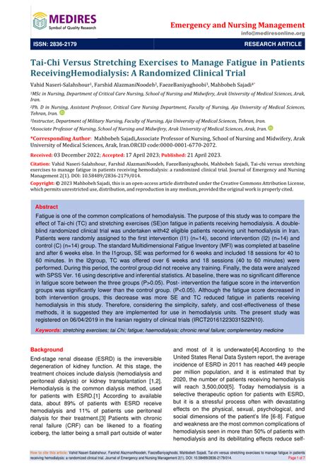 Pdf Tai Chi Versus Stretching Exercises To Manage Fatigue In Patients Receiving Hemodialysis