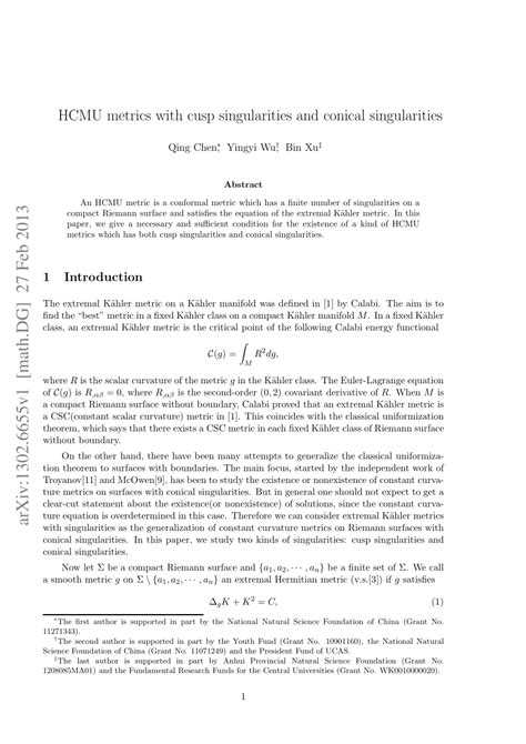 Pdf Hcmu Metrics With Cusp Singularities And Conical Singularities