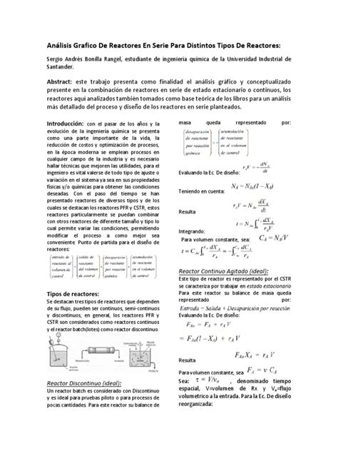 Análisis Grafico De Reactores En Serie Para Distintos Tipos De Reactores Pdf Reactor Quimico