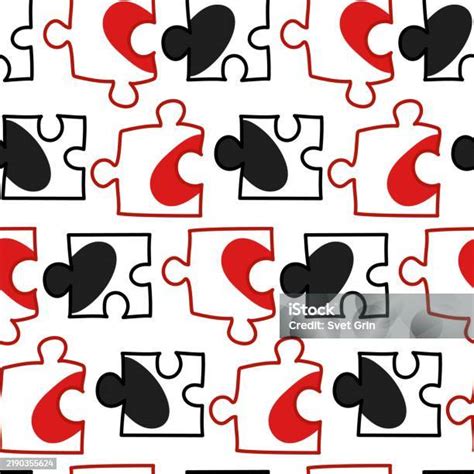 하트의 반쪽이 그려진 컬러 퍼즐 요소가 있는 패턴 퍼즐이 조립되고 있습니다 빨강 검정 흰색 발렌타인 데이 수집하고 검색하고 구축하세요 일치하는 퍼즐은 무작위로 흩어져