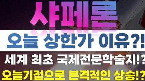 샤페론 주가전망 오늘 상한가 이유 세계 최초 국제전문 학술지 오늘 기점으로 본격적인 상승 Youtube