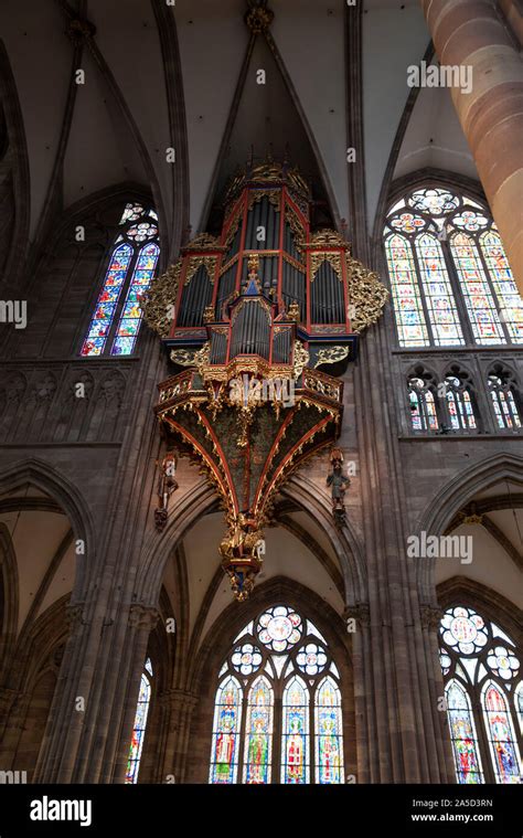 Organ And Stained Glass Inside Strasbourg Cathedral In Alsace France