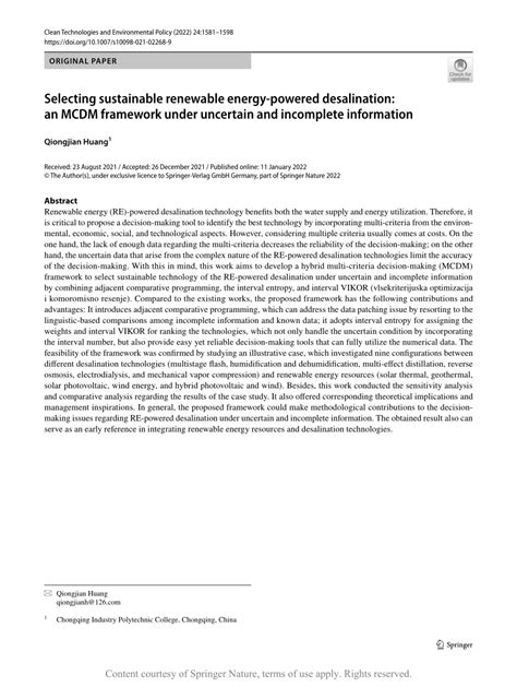Selecting Sustainable Renewable Energy Powered Desalination An Mcdm