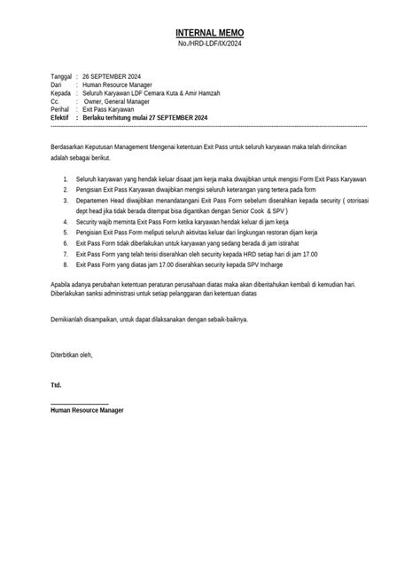 Internalmemo Exit Pass Karyawan Pdf
