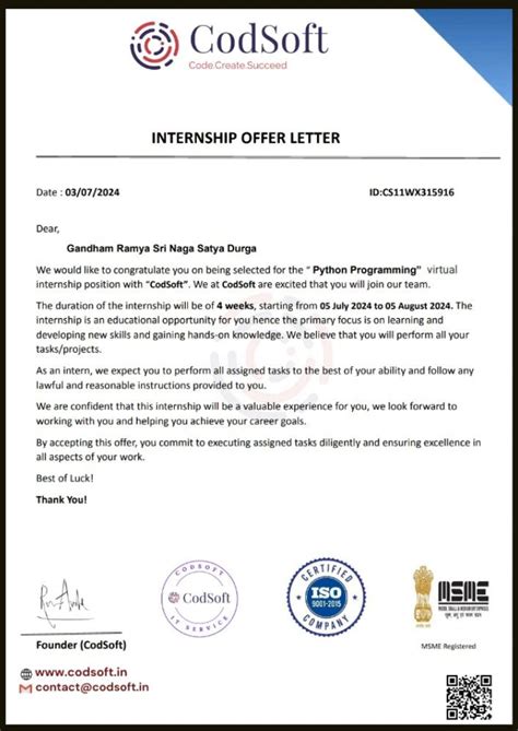 Gandham Ramya Sri On Linkedin Internship Pythonprogramming Codsoft Grateful Excited