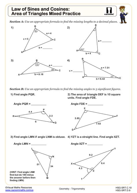 Law Of Sines And Cosines Area Of Triangles Mixed Practice Worksheet Fun And Engaging Algebra