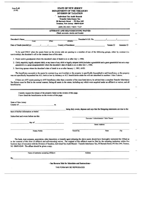 Form L 8 Affidavit And Self Executing Waiver Printable Pdf Download