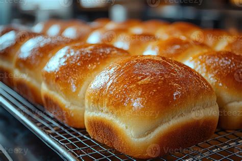Rows Of Freshly Baked Golden Brown Bread Rolls Sit Cooling On A Wire
