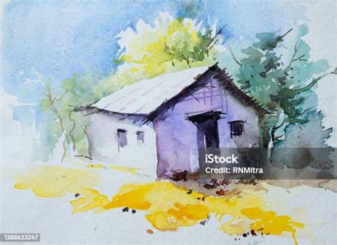 인도 마을의 수채화 그림 녹색 숲 배경과 전경에 노란색 색상의 필드가있는 집 페인트와 브러시로 만든 인도 수채화 그림 0명에 대한 스톡 벡터 아트 및 기타 이미지 Istock
