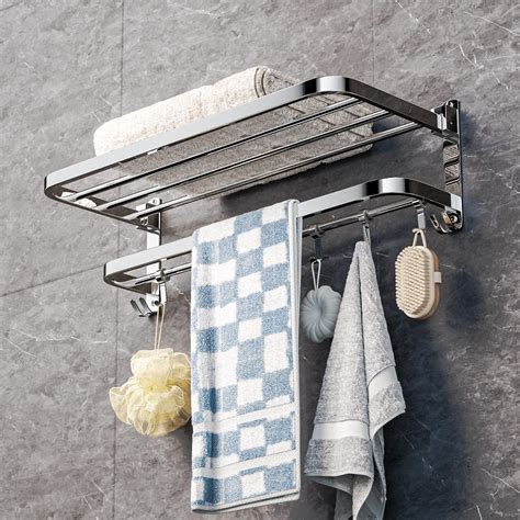 Pleddanio Towel Rack For Bathroom 24 Inch Towel Shelf With Two Towel Bar Foldable