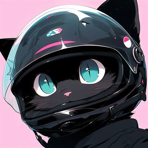 A Black Cat Wearing A Motorcycle Helmet With Big Blue Eyes And Pink