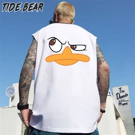 Tide Bear เสื้อกล้ามผู้ชายฤดูร้อนลายพิมพ์น่ารัก เสื้อกล้ามหลวมไม่มีแขนบางโอเวอร์ไซส์ Th