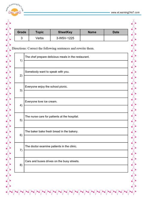 Rewrite Sentences By Correcting Verbs Worksheets For Grade 3 In 2024