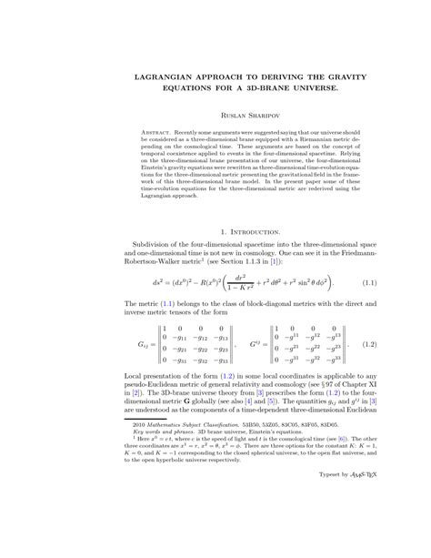 Pdf Lagrangian Approach To Deriving The Gravity Equations For A 3d Brane Universe