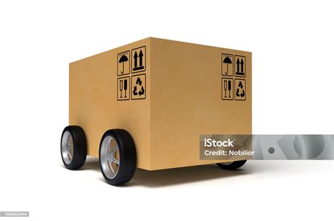 흰색 배경에 격리 된 바퀴에 골판지 상자 3d 렌더링 보내기에 대한 스톡 사진 및 기타 이미지 보내기 타이어 소포