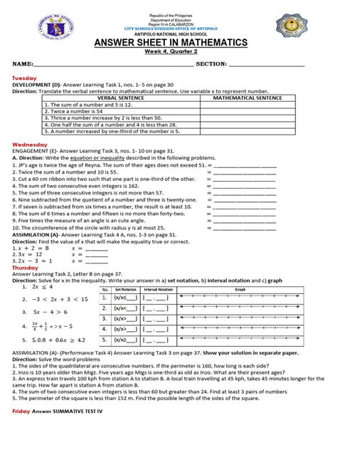 Q2 Answer Sheet Week 4 Pdf Numbers Summation