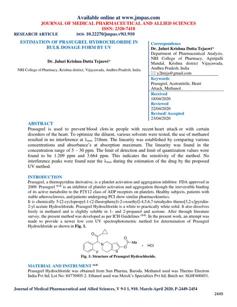 Pdf Estimation Of Prasugrel Hydrochloride In Bulk Dosage Form
