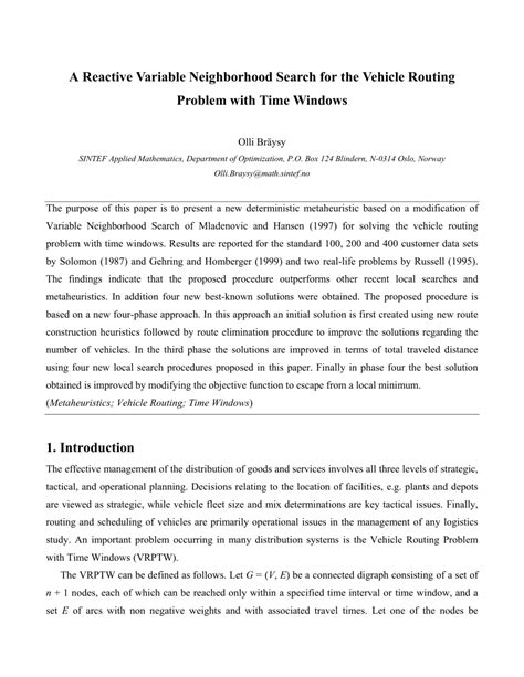Pdf A Reactive Variable Neighborhood Search For The Vehicle Routing
