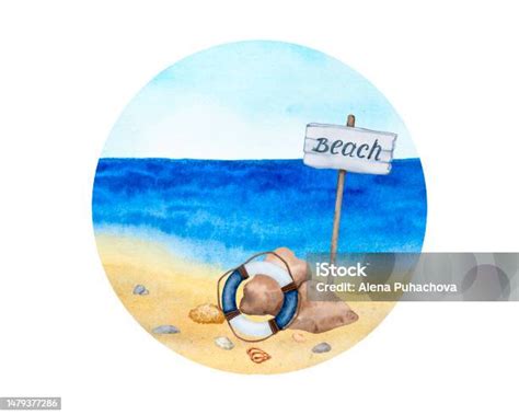 여름 해변 휴가 수채화 배경입니다 바다 해안 해변 표지판 구명 부표 조개 껍질로 구성 로고 레이블 포스터 인쇄 엽서 문구에 대 한 그림입니다 관광 리조트에 대한 스톡 벡터