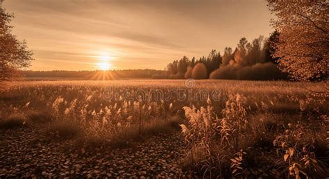 Golden Hour Sunset Over A Serene Field With Tall Grass And Forest Stock