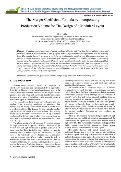 Pdf The Merger Coefficient Formula By Incorporating Production Volume