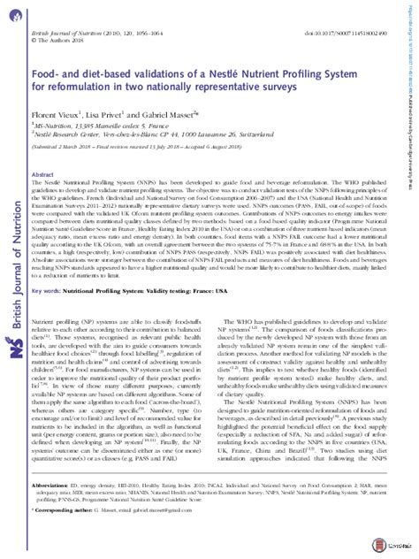 Pdf Food And Diet Based Validations Of A Nestlé Nutrient Profiling System For Reformulation