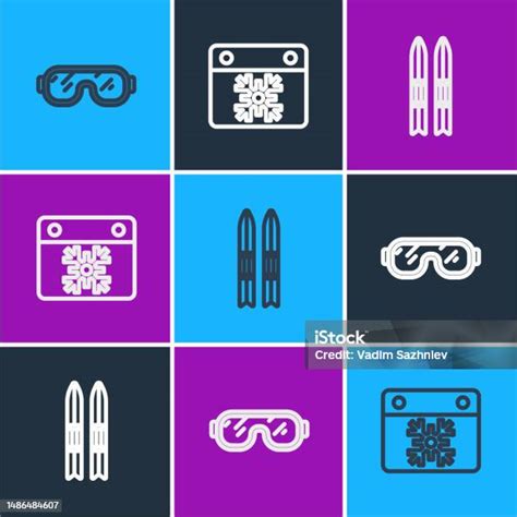 라인 스키 고글 스틱 및 캘린더 아이콘을 설정합니다 벡터 겨울에 대한 스톡 벡터 아트 및 기타 이미지 겨울 계절 고풍스런 Istock