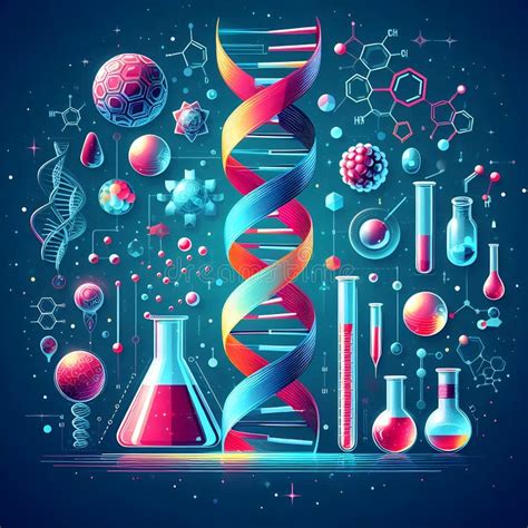 Dna Double Helix With Laboratory Glassware And Molecules Forming A Research Background Stock