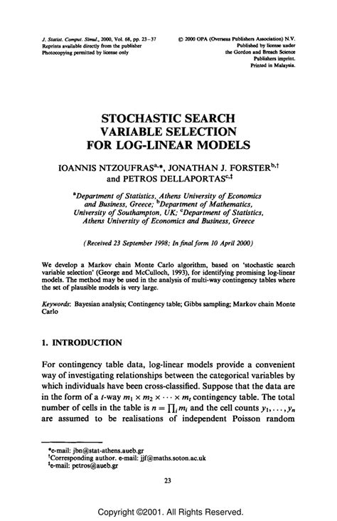 Pdf Stochastic Search Variable Selection For Log Linear Models