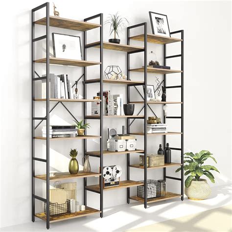 Oneinmil Triple Wide 5 Shelf Corner Bookcase Industrial Vintage Wood Style Large Open