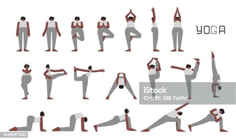 벡터 플랫 격리된 그림 컬렉션 요가를 하는 여성 캐릭터 아프리카 계 미국인 여성은 서있는 자세를 배웁니다 초보자를 위한 기본 스포츠 밸런스 운동 세트 Bitilasana에