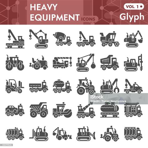 중장비 솔리드 아이콘 세트 특수 기계 기호 컬렉션 또는 스케치 웹 및 앱용 트럭 글리프 스타일 사인 흰색 배경에서 격리된 벡터 그래픽입니다 벡터에 대한 스톡 벡터 아트 및