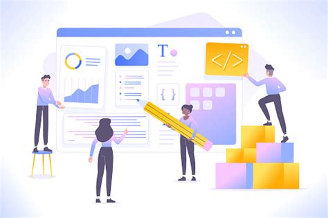 웹 개발 및 디자인 개념 프로그래머 팀은 웹 페이지에 콘텐츠를 배치합니다 웹 사이트 레이아웃 구축 벡터 일러스트레이션 웹