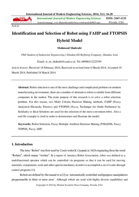 Pdf Identification And Selection Of Robot Using Fahp And Ftopsis Hybrid Model