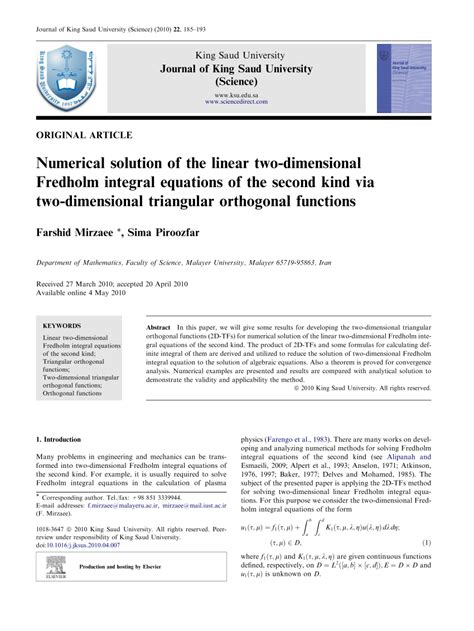 Pdf Numerical Solution Of The Linear Two Dimensional Fredholm Integral Equations Of The Second