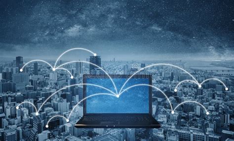 computer networking and internet connection hand typing computer keyboard and buildings with