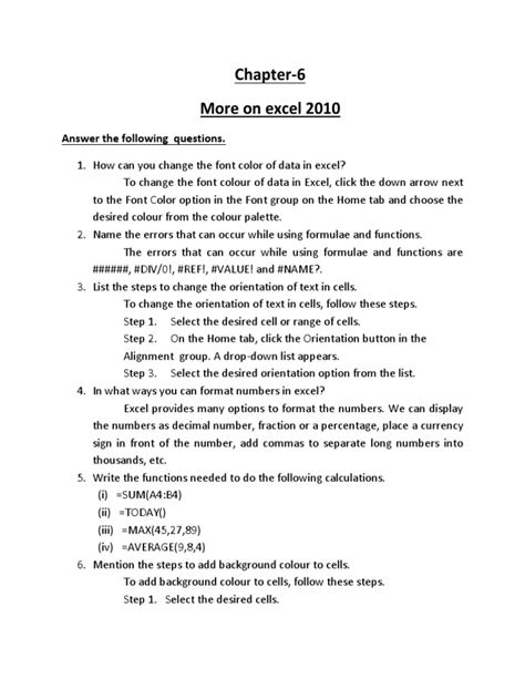 class 6 chapter 6 more on excel 2010 pdf microsoft excel function mathematics