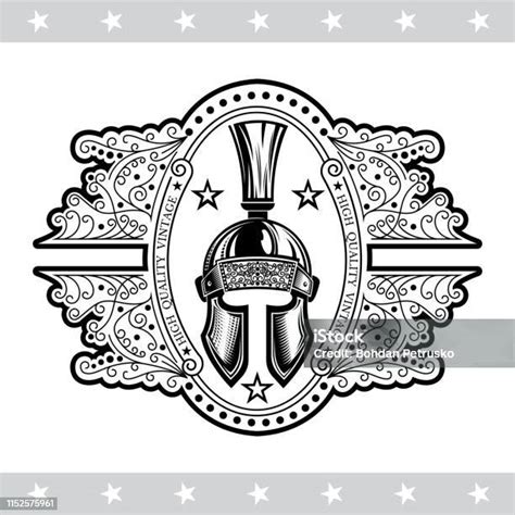 센터 타원형 프레임에 패턴이 있는 스파르타 투구 정면 보기 전 령 빈티지 라벨에 흰색 T 셔츠에 대한 스톡 벡터 아트 및 기타 이미지 T 셔츠 검 검투사 Istock